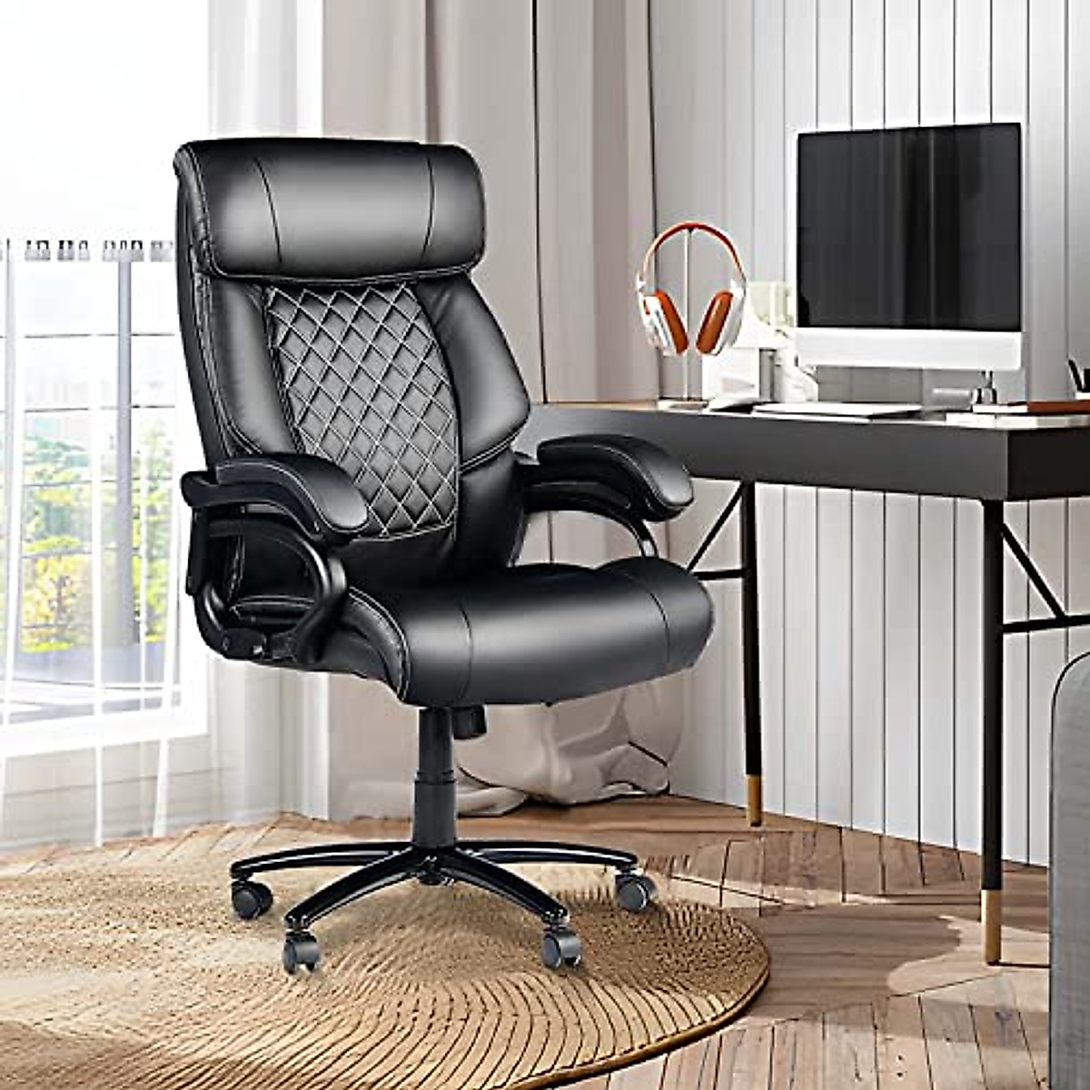 Big and Tall Office Chair, Computer Desk Chair with High Back, Office Chairs for Heavy People, PU Leather Home Office Desk Chair for Bedroom, 360°Rotating Heavy Duty Office Chair, Black