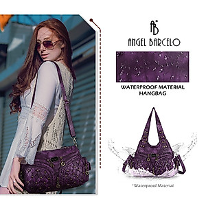 Angel Barcelo Roomy Fashion Hobo Womens Handbags Ladies Purse Satchel Shoulder Bags Tote Washed Leather Bag (Fashion Purple)