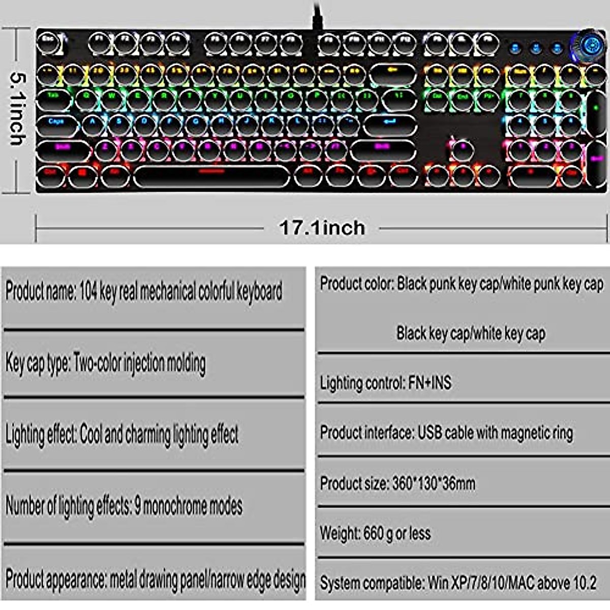 Jamerxie Typewriter Keyboard, RGB Mix Colour Punk Mechanical Keyboard, 104-key Light up Gaming Retro Keyboard with Wired USB for Computers, White/Black (Black Punk)