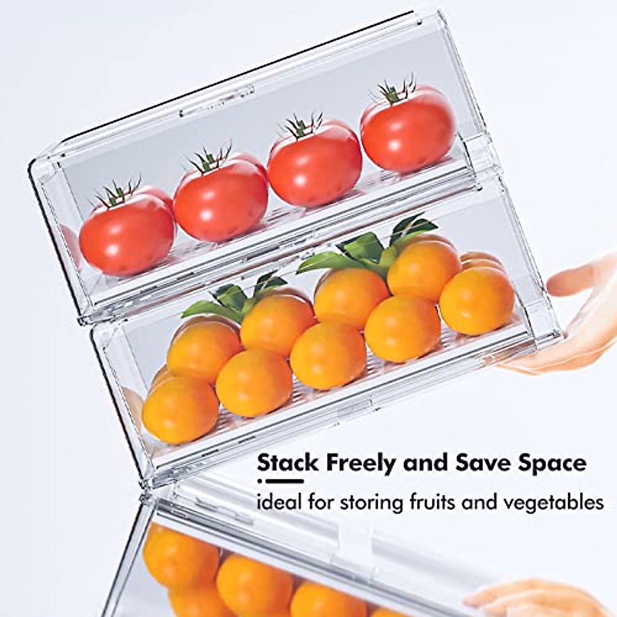 elabo Stackable Refrigerator Organizer Drawers with Removable Drain Tray, Fridge Organizer Bins, Pull Out Food Storage Container Bins with Drawer for Freezer and Kitchen, BPA-Free, Clear