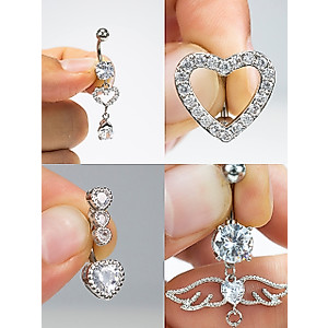 14G Surgical Steel Belly Button Rings Round/Love Heart Clear CZ Navel Curved Barbell Studs Sexy Body Piercing (4PCS - Steel - Style A)