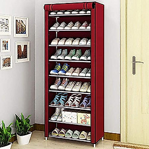 samanoya 10 Tiers Shoe Rack,Large Shoe Storage Organizer Cabinet Tower with Dustproof Cover,Space Saving Non-woven Fabric Stackable Storage Shelf Shoe Rack (Red)