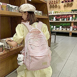 Qyrno Plaid Backpack Kawaii Backpack with Cute Accessories Cute Backpack Aesthetic Backpack DIY Backpack (1-Pink)
