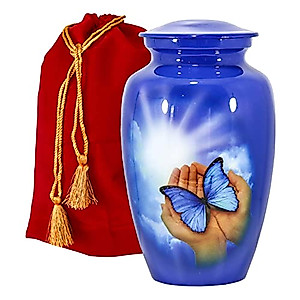 THE ASCENT MEMORIAL Urn for Human Ashes Adult Male Female | Butterfly Printed Large Funeral Urn | Complimentary Small Keepsake Vial | 2 Velvet Carry Bags for Urns and Keepsakes