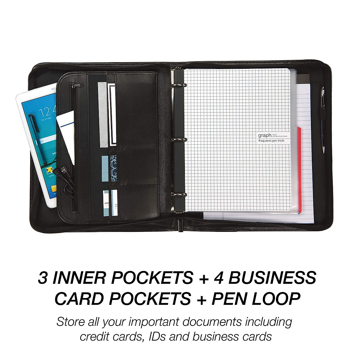 Samsill Professional 1-Inch Zipper Binder Padfolio with iPad Pocket, Interview Document Organizer, Includes Refillable 8.5 x 11 Inch Writing Pad and Pen Loop, Black