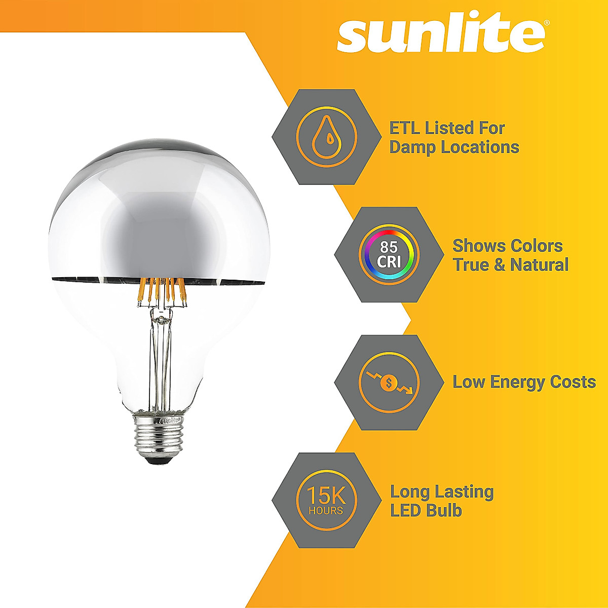 Sunlite LED G40 (G125) Edison Half Chrome Globe Light Bulb, 7 Watts (75W Equivalent), 600 Lumens, Standard E26 Base, Dimmable, Decorative Silver Bowl, Anti-Glare. 2700K Soft White, 3 Pack