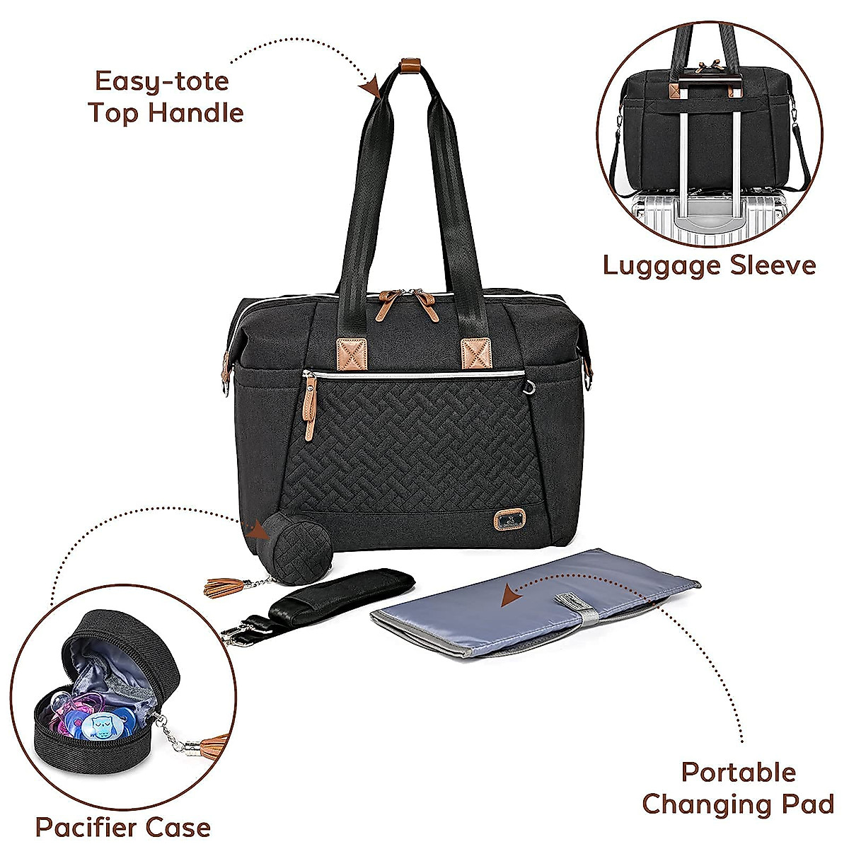 Dikaslon Diaper Bag Tote with 2 Pack Stroller Hooks, Pacifier Case and Changing Pad, Large Travel Diaper Tote for Mom and Dad, Multifunction Baby Bag for Boys and Girls