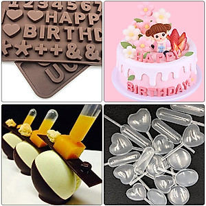 150PCS 4ml Squeeze Transfer Cupcakes Pipettes, SourceTon Silicone Letter Mold and Number Chocolate Molds with Plastic Squeeze Dropper (Rectangular,Heart,Round Shape)