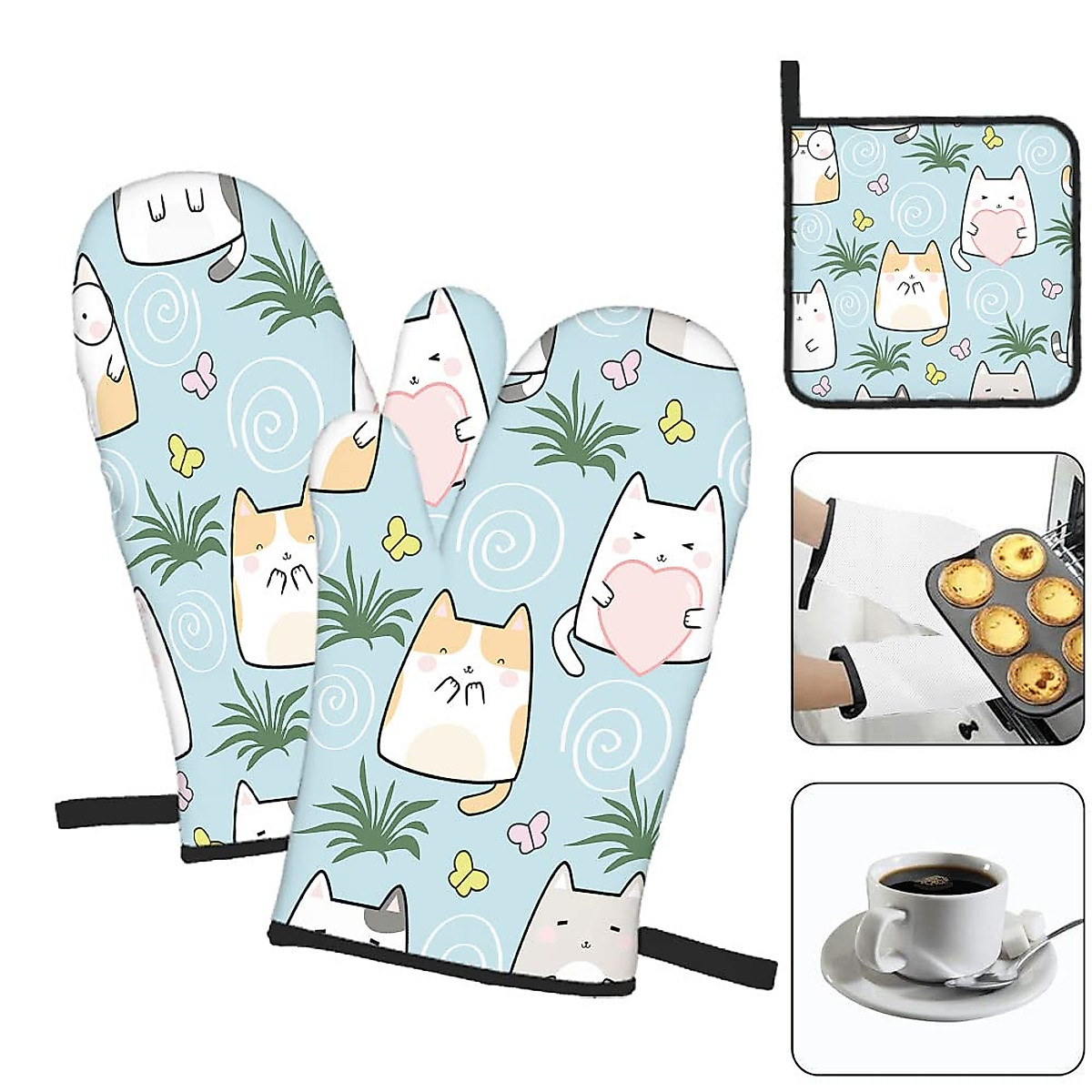 Mxocom Cute Cats Butterfly Oven Mitts and Pot Holders Sets of 3 BBQ Gloves for Kitchen,Cooking,Baking,Grilling Resistant Hot Pads for Women