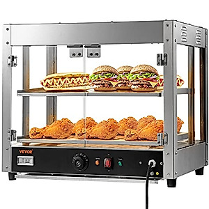 VEVOR Commercial Food Warmer Display, 2 Tiers, 800W Pizza Warmer w/ 3D Heating 3-Color Lighting Bottom Fan, Countertop Pastry Warmer w/Temp Knob & Display 0.6L Water Tray, Stainless Frame Glass Doors