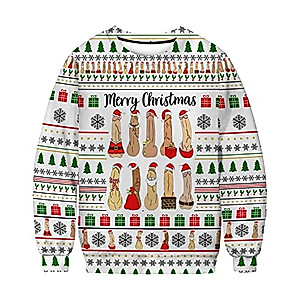 Mens Christmas Ugly Sweaters Funny Dirty Dildos Secret Casual Round Neck Sweatshirts 3D Graphic Long Sleeve Pullover White