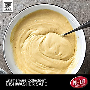 TableCraft Products Enamelware Collection Black Rim Solid White Enamel Deep Bowl Baking Pan, Camping, Farmhouse, Porcelain Over Steel, Vintage, Boho, Retro, 10.13" Round, 3.6" Deep, Set of 4 (80017)