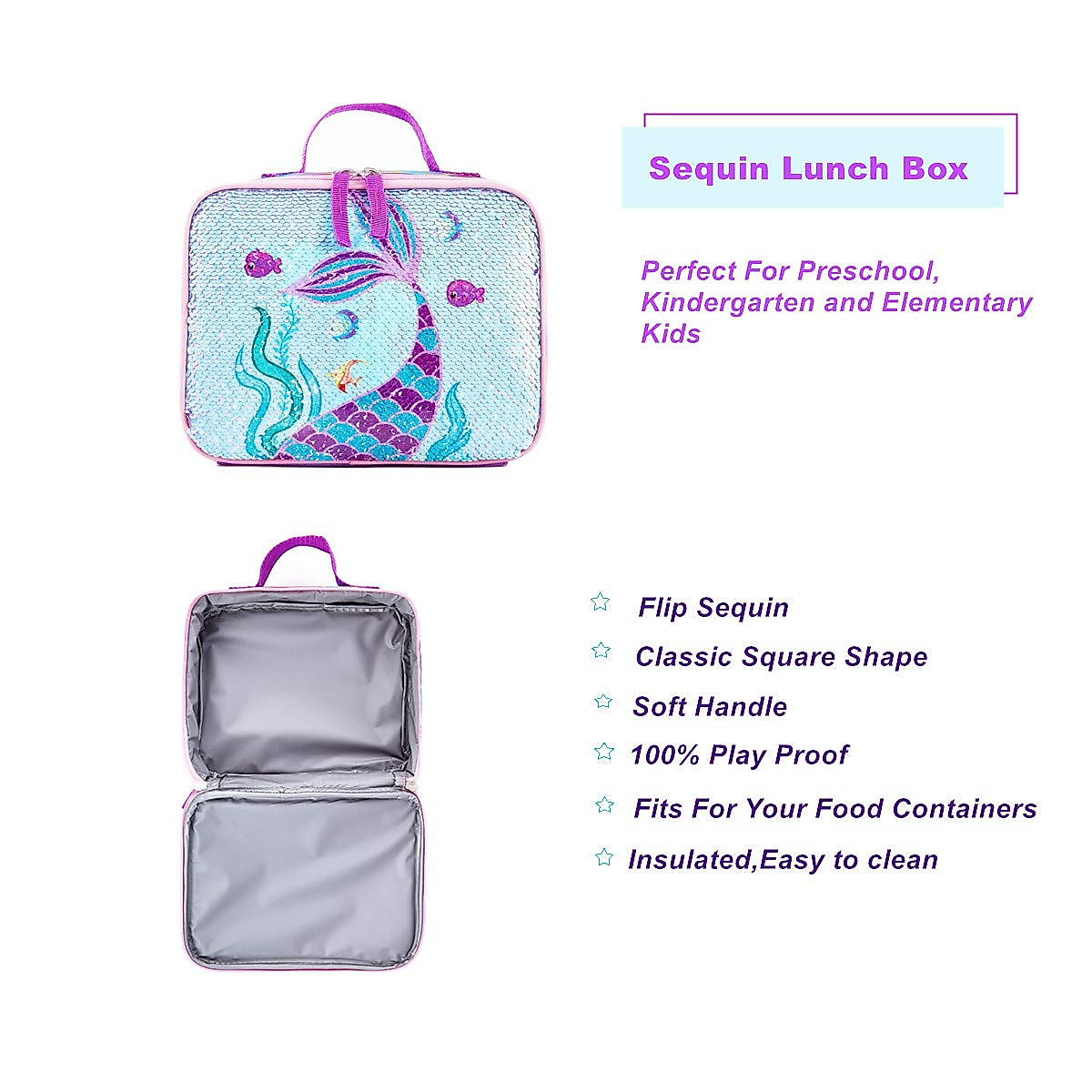Reversible Sequin School Backpack Lightweight Little Kid Book Bag with Lunch Bag Set for Preschool Kindergarten Elementary (15", Mermaid with Lunch Bag)
