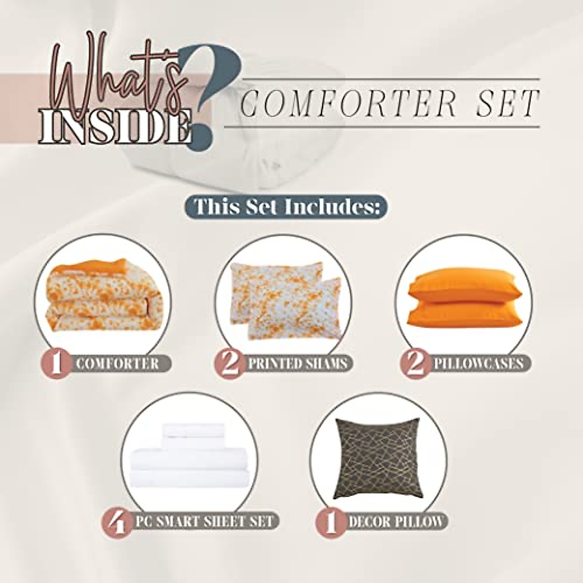 Elegant Comfort Reversible 10-Piece Comforter Set, Tie-Dye Print, Decorative Pillow and Fitted Sheet with Smart Pockets, Soft, Plush, Lightweight Material, 10pc Tie-Dye Set, King, Orange