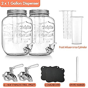 Drink Dispensers for Parties,2 Pack 1 Gallon Beverage Dispenser with Leak-Proof Stainless Steel Spigot plus Ice Cylinder and Fruit Infuser,Mason Jar Glass Drink Dispenser for Water Sangria Lemonade
