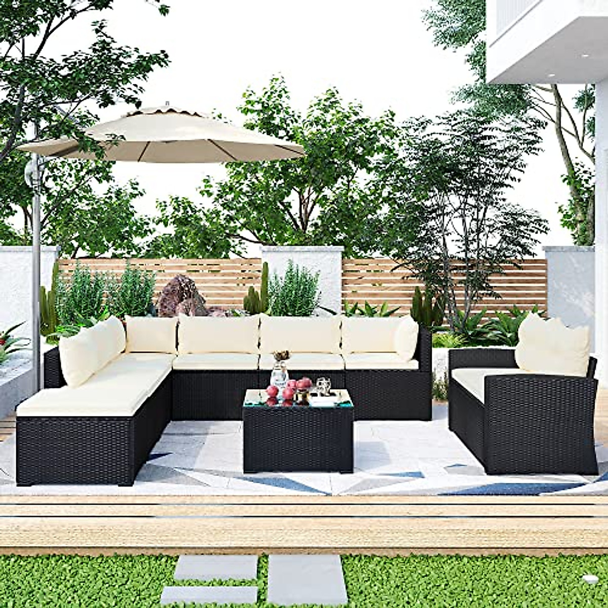 BIADNBZ 9 Piece Outdoor Patio Furniture Set Large PE Wicker Conversation Sectional Sofa with Glass Coffee Table, Chairs and Ottoman, for Lawn, Garden, Backyard, Poolside, Beige Cushion