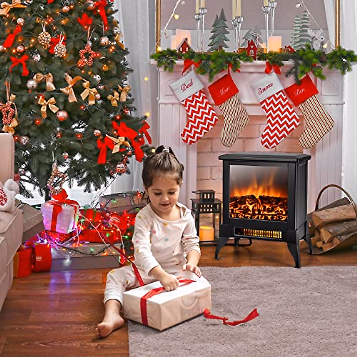 GOFLAME Electric Fireplace Heater Freestanding, 1400W Compact Fireplace Stove w/Realistic Flame Effect & Adjustable Temperature, Portable Indoor Space Heater w/Overheat Protection for Home Office