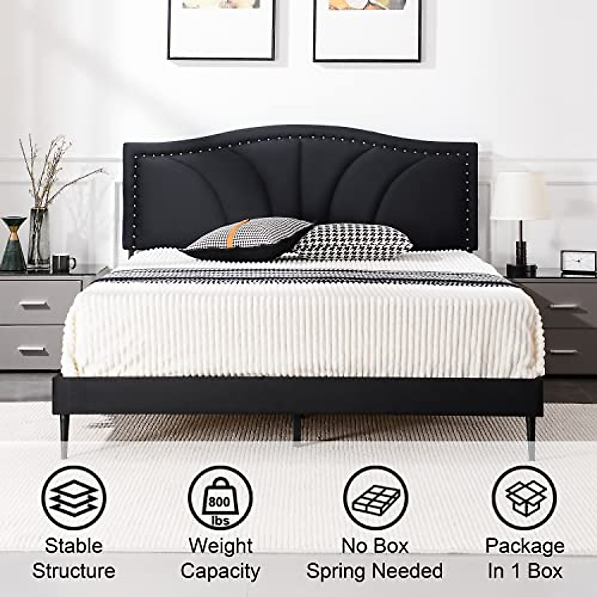 AsKmore Queen Size Bed Frame,Velvet Upholstered Platform Bed with Decorative Line & Nailhead Trim Headboard with Wood Slat Support,No Box Spring Needed，Easy Assembly, Black