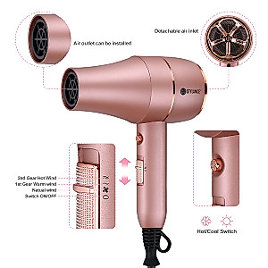 Professional Hair Dryer, 1800W Blow Dryer with Powerful AC Motor, 3 Speeds 1 Cool Button, Attachment Contain Volumizer Brush & Comb Concentrator Styling Nozzle,for Home Salon Travel