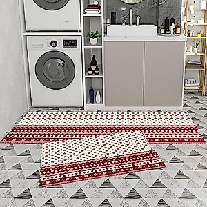 MUENINELE Kitchen Floor Rugs, Merry Christmas Snowflake Xmas Tree Geometric Pattern Red Non-Slip Runner Mats Runner Rugs for Laundry, Bedrooms, Sink, Office, 2 PCS Set