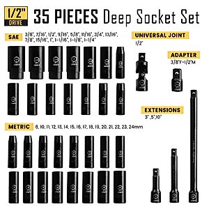 BOEN 38 Piece Set, Including 1/2" Drive Deep Impact Socket with Durable Case, 1/4", 3/8", 1/2" Size Impact Grade Socket Adapter Set with Bit Holder, 6 Point Design