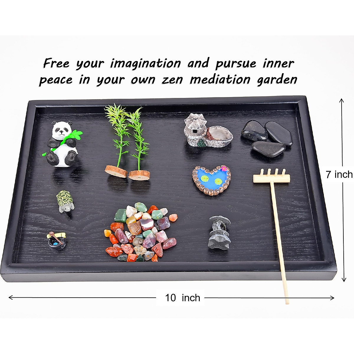 Mini Zen Garden for Desk - Japanese Zen Garden Kit with Panda 10x7- Zen Pond,Sand,Chakra Stone, Accessories - Office Desk Decor Meditation Gifts with Rake Tools Panda Gifts - Zen Garden for Kids