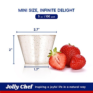 JOLLY CHEF 5 oz 100 Pack Small Glitter Disposable Cups, Glitter Plastic Cups, Disposable Plastic Shot Glasses Perfect for Parties Halloween Thanksgiving Christmas