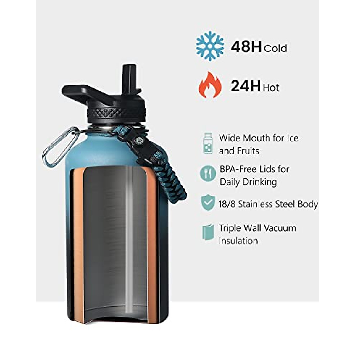 Coolplus 64 oz Insulated Water Bottle with Paracord Handle & 3 Lid, Half Gallon Water Bottle Food-grade Vacuum Large Water Jug Flask, Keep 24H Hot 48H Cold, Leak Proof & BPA-Free,