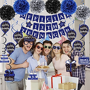 13th Birthday Decorations for Boys Girls, Blue Official 13th Teenager Banner Party Decorations, Happy Thirteen Birthday Decor Double-Sided Card Pompoms Hanging Swirl for 13 Years Teenagers Gifts 48pcs
