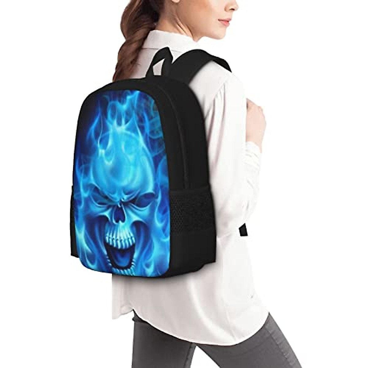 ALIFAFA Skull School Backpack Cool Skull with Blue Fire Bookbag for Boys Girls Elementary Middle High College School Casual Travel Bag Computer Laptop Daypack Rucksack, 17 Inch
