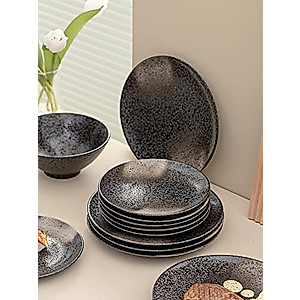 Kanwone Ceramic Dinner Plates - Set of 6, 10 Inch, Round Plates for Steak, Pasta, Salad, Pizza, Appetizer, Microwave, Oven and Dishwasher Safe, Black Glazed