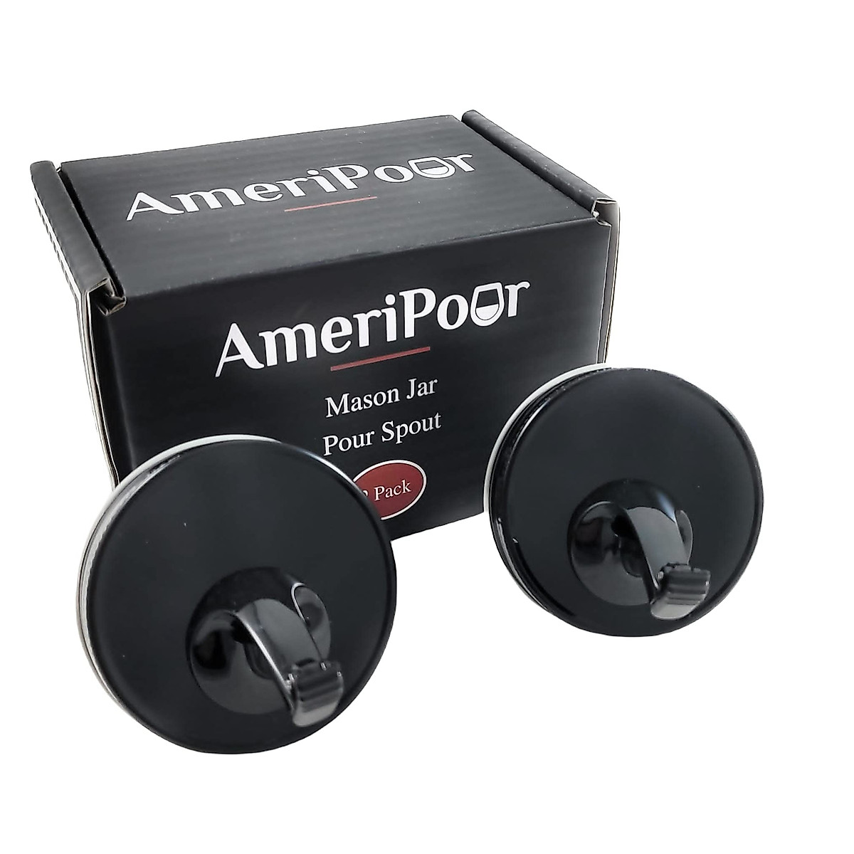 AmeriPour Black - Mason Jar Pour Spouts With Flap For Moonshine And Whiskey - Made 100% In The USA. Free Flow Mason Jar Spouts That Don't Leak. A Perfect Pour Everytime. 2 Pack (Regular Mouth - Flap)