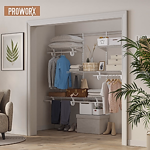 PROWORX 4-6 Ft Closet Organizer System, Adjustable Metal Wire White Closet System, Expandable Walk in Closet Organizers and Storage System, Closet Shelves with Hanging Rods