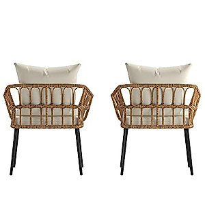 BizChair Evin Set of 2 Boho Indoor/Outdoor Rope Rattan Wicker Patio Chairs with Cream All-Weather Cushions, Natural