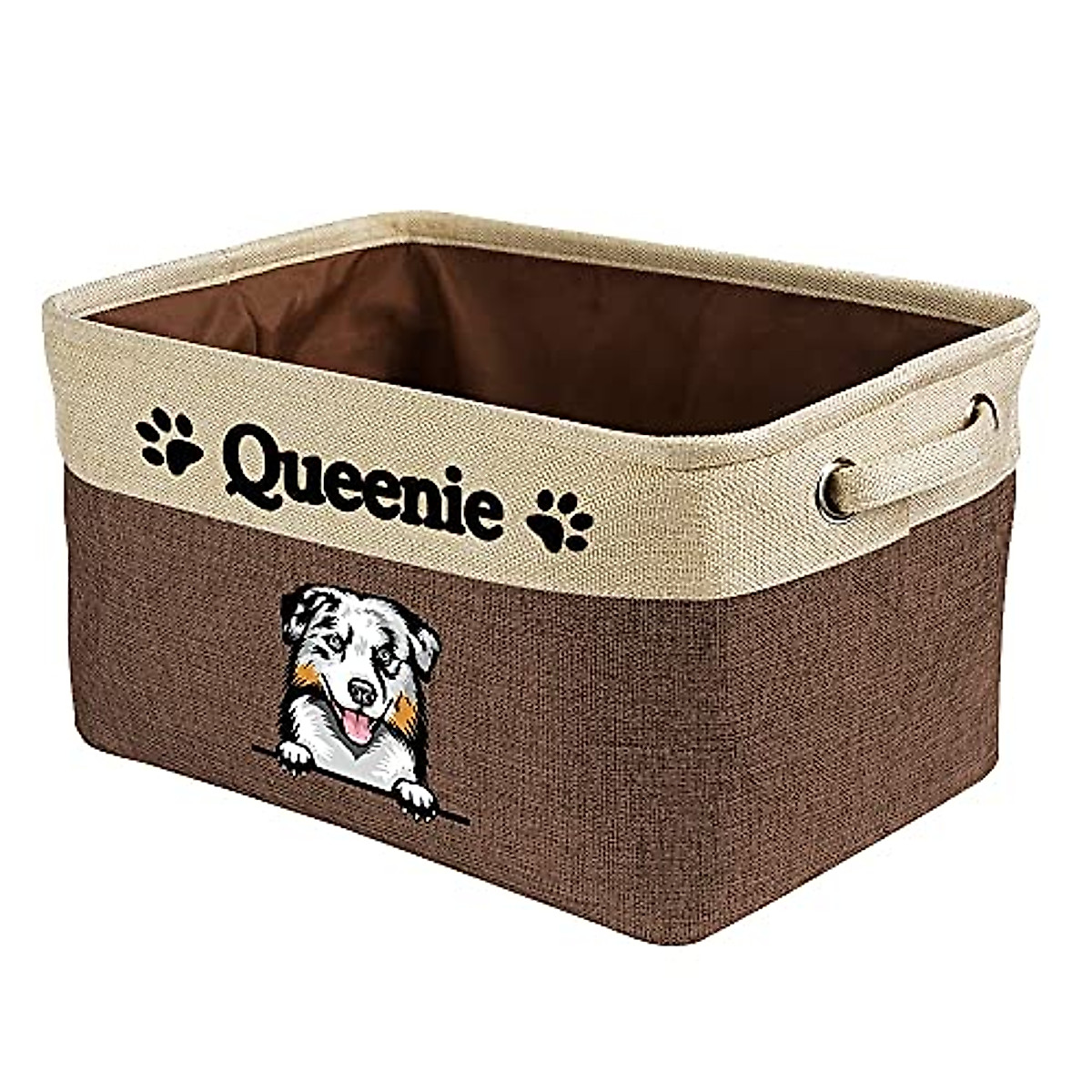 MALIHONG Personalized Foldable Storage Basket with Cute Dog Australian Shepherd Collapsible Sturdy Fabric Pet Toys Storage Bin Cube with Handles for Organizing Shelf Home Closet, Brown and White