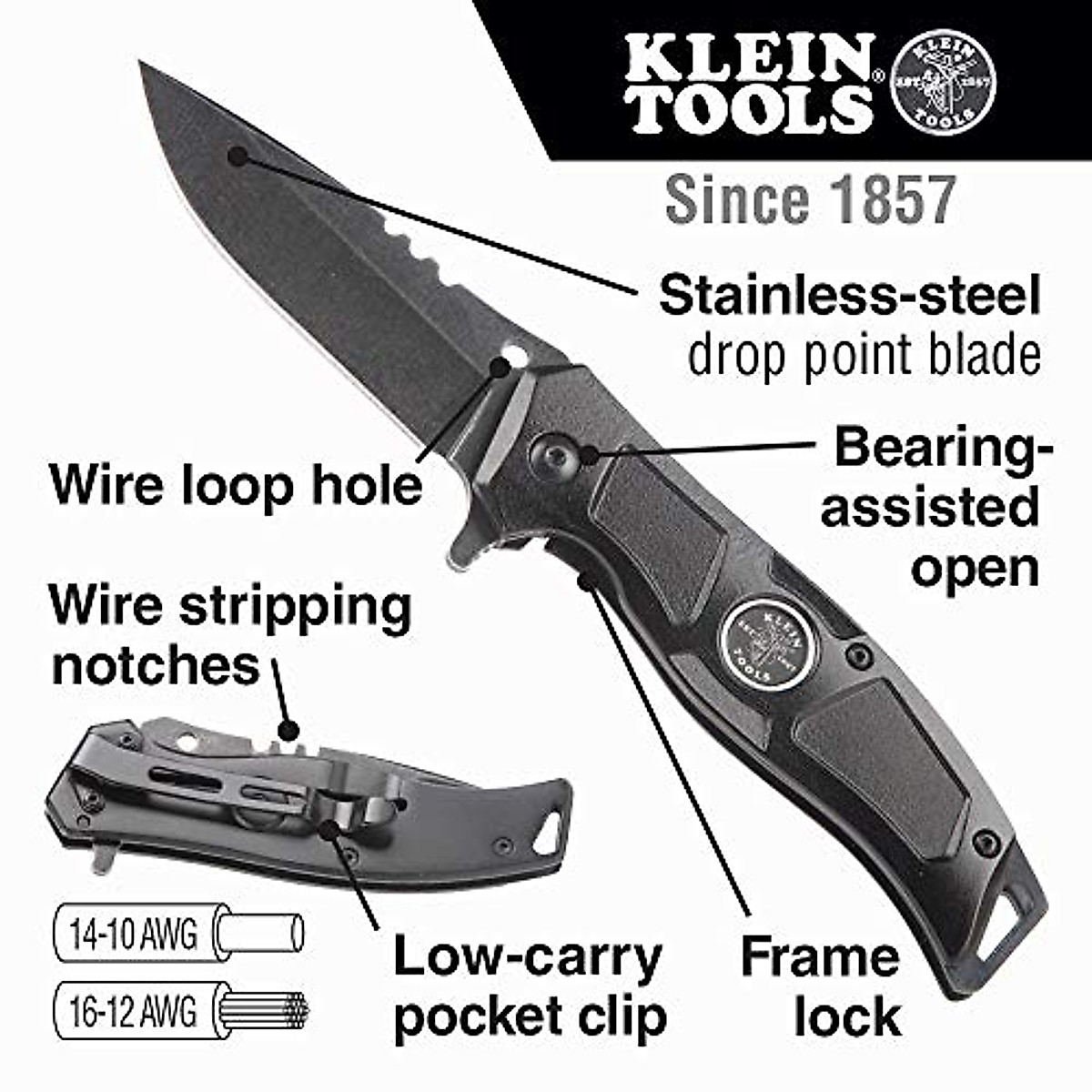 Klein Tools 44228 Electrician's Pocket Knife with Stainless Steel Blade, Perfect for Splitting Cable, Stripping Wire and Everyday Tasks, Black