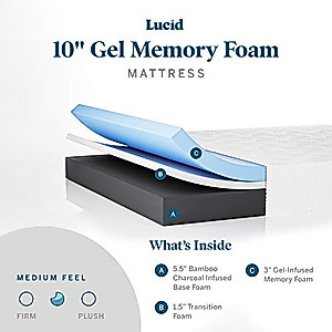 LUCID 10 Inch Memory Foam Medium-Plush - Gel Infusion – Hypoallergenic Bamboo Charcoal- Queen Size Mattress