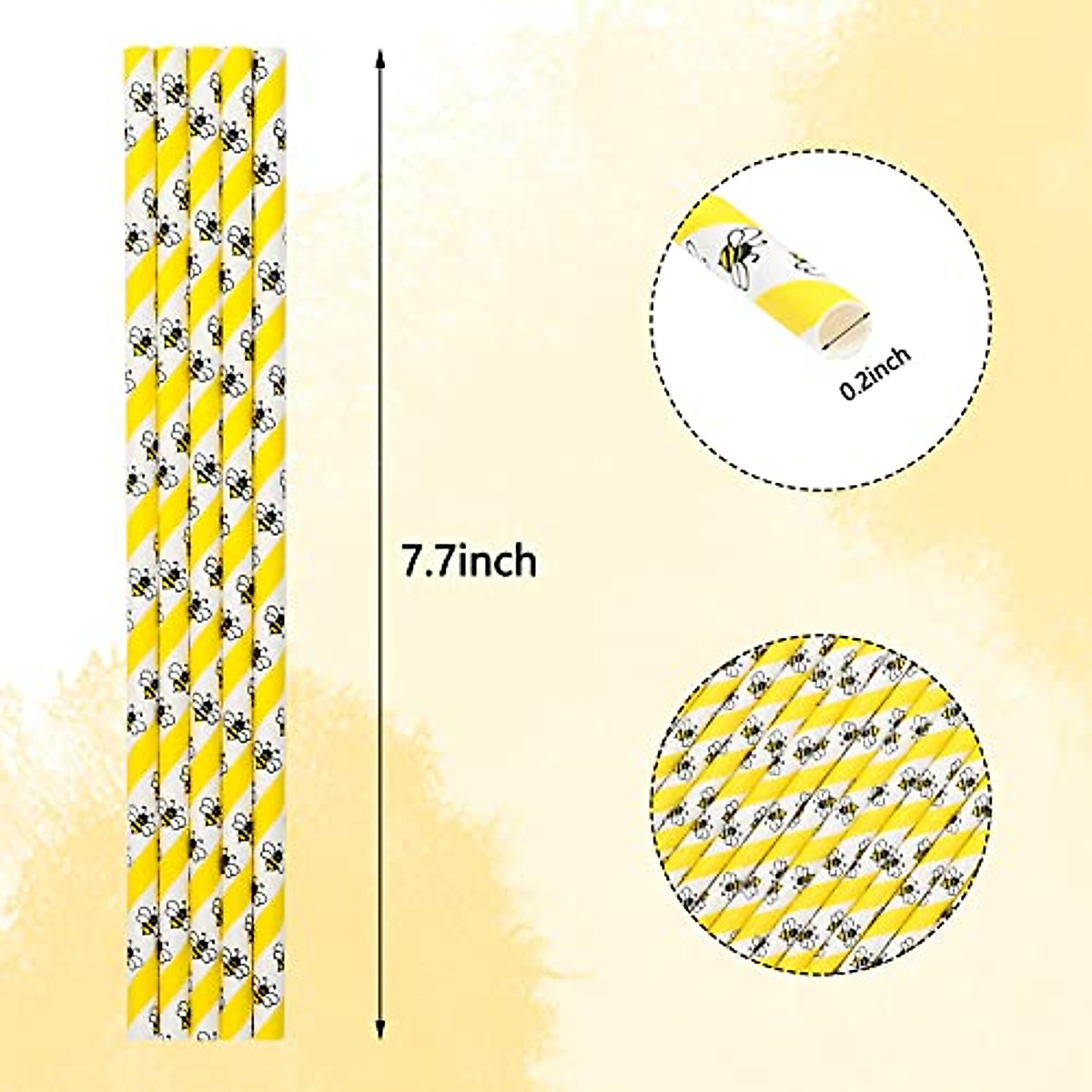 Whaline 200Pcs Bumble Bee Paper Straws Summer Honey Bee Yellow White Disposable Straws Stripe Patterned Drinking Well Crafted Straws for Juices Shakes Cocktail Baby Shower Wedding Decor Event Supplies