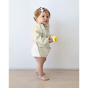 WILLOW + SIM Long Sleeve Baby Bib - Mess-Proof Feeding Bib for Babies 6-24 Months - Antique White