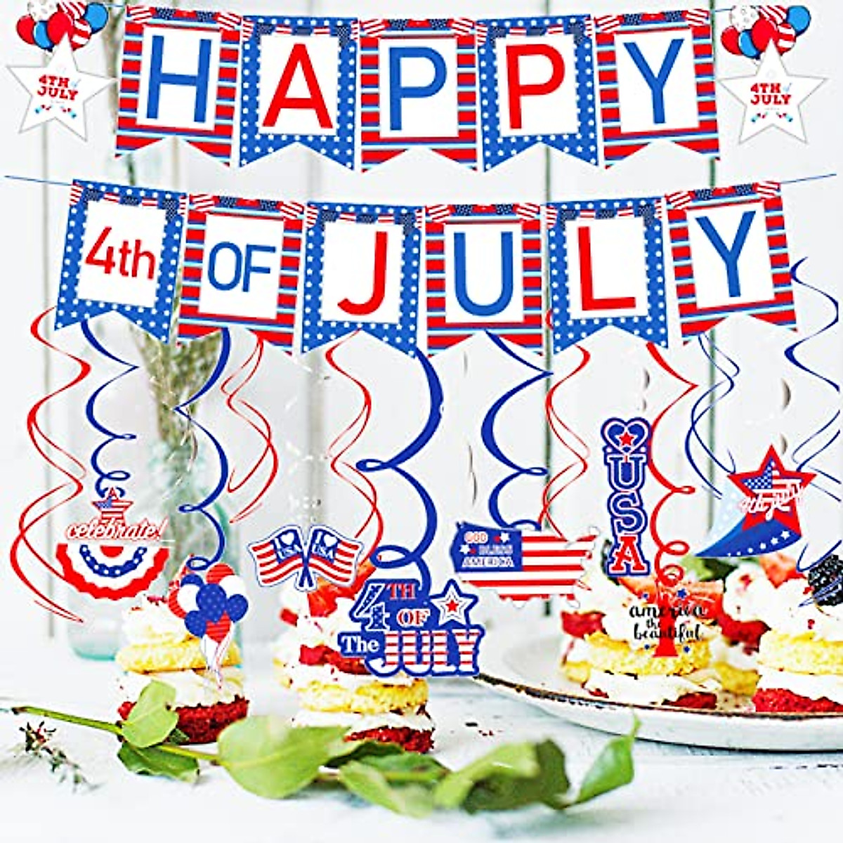 18PCS 4th/Fourth of July Decorations Set, Red White Blue Paper Banner, USA Flag Pennant, Hanging Swirls Party Decor Supplies