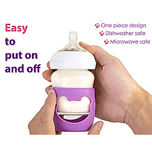 100% Silicone Baby Bottle Sleeves for Philips Avent Natural Glass Baby Bottles, Premium Food Grade Silicone Bottle Cover, Cute Bear Design, 4oz, Pack of 2 (Pink/Purple)