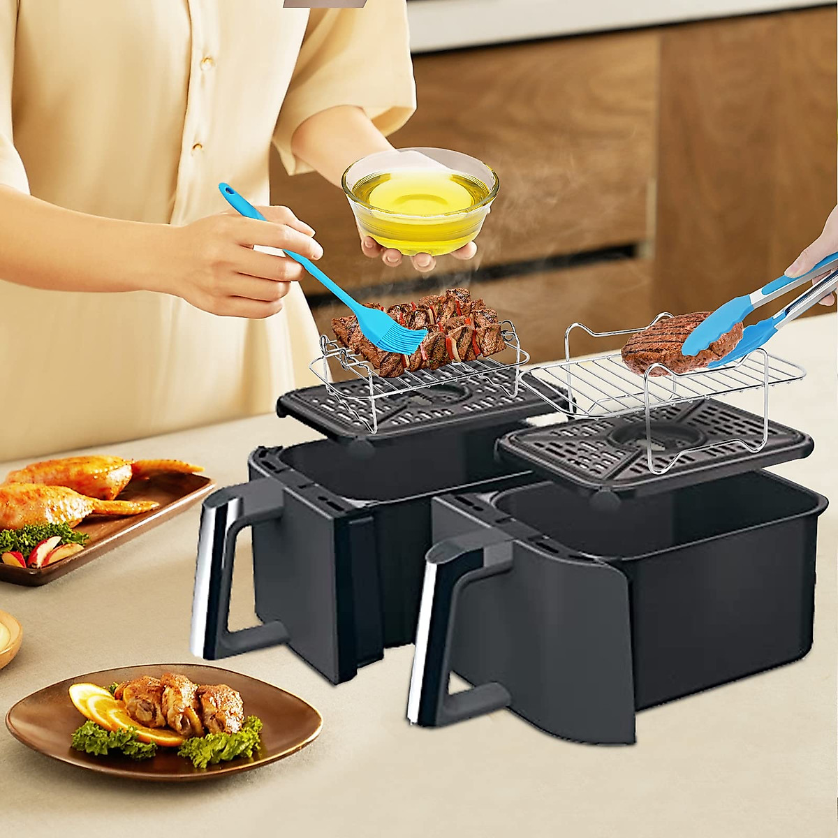 Air Fryer Accessories 8pcs Set, Nonstick Air Fryer Accessory with Cake Pan, Pizza Pan, Multi-Layer Rack, Skewer Rack, Fits Dual Basket Air Fryers