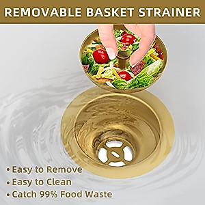 EXAKEY Kitchen Sink Drain Assembly Gold Sink Drain Strainer with Fixed Post 3-1/2 Inch Kitchen Drain with Strainer Basket and Drain Stopper for Standard Kitchen Sink Stainless Steel Brushed Gold
