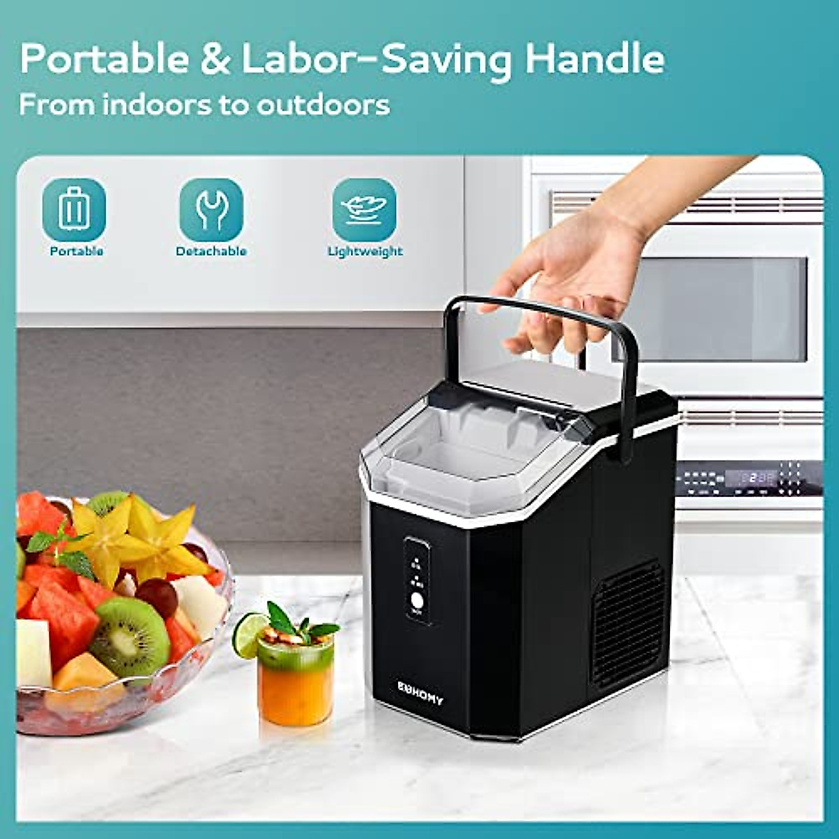 EUHOMY Nugget Ice Maker Countertop with Handle, Ready in 6 Mins, 33lbs/24H, Removable Top Cover, Auto-Cleaning, Portable Pebble Ice Maker with Basket and Scoop, for Home/Party/Camping. (Black)