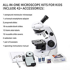 SWIFT Microscope for Kids Children Student 60X-200X,Compound Monocular Microscope with 42 PCS Accessories Including Smartphone Adapter, 10 PCS Blank Slides for Beginners