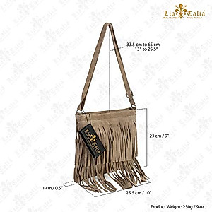 LiaTalia Womens Fringe Handbag - Real Italian Suede Leather - Cross-Body Messenger Bag (SmallMini Size) - ASHLEY [Navy]