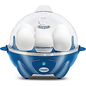 Elite Gourmet EGC007BL Rapid Egg Cooker, 7 Easy-To-Peel, Hard, Medium, Soft Boiled Eggs, Poacher, Omelet Maker, Auto Shut-Off, Alarm, 16-Recipe Booklet, Classic Blue