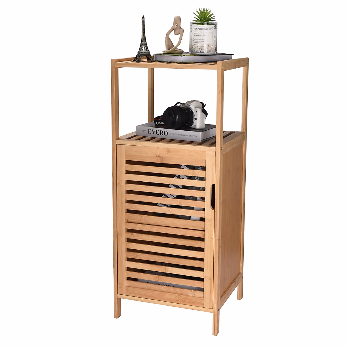 WHOLE HOUSEWARES Bamboo Shoe Rack Cabinet - Shelf Storage with Doors for Bathroom, Bedroom, and Kitchen- Freestanding Entryway Organizer Furniture - Multi-Tier Wood Cabinets for Small Spaces