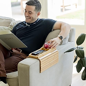 Couch Cup Holder Tray Couch Caddy Anti-Slip Bamboo Sofa Arm Tray *2-Pack* Organizer for Remote Control, Drinks, Snacks, Phone,- Foldable and Easy to Clean, Movie Must-Haves, Armchair Accessories