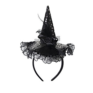 Dzrige Halloween Witch Hat Headband Witch Feather Headwear with Lace Trim Witch Hat Headpiece Accessories for Halloween Party Cosplay (Black)
